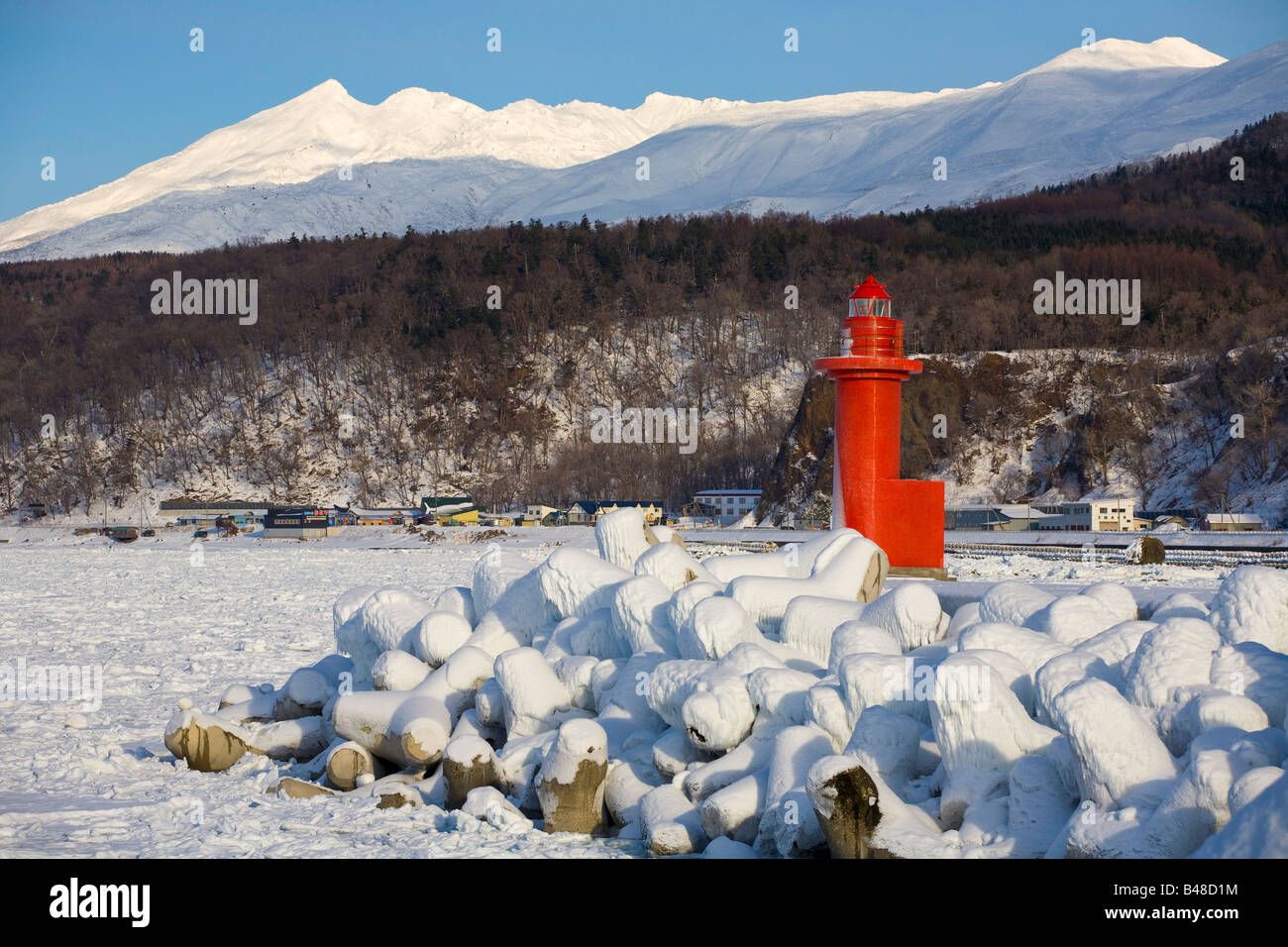 Hokkaido Island Japan Red port lighthouse at the Utoro fishing village ...