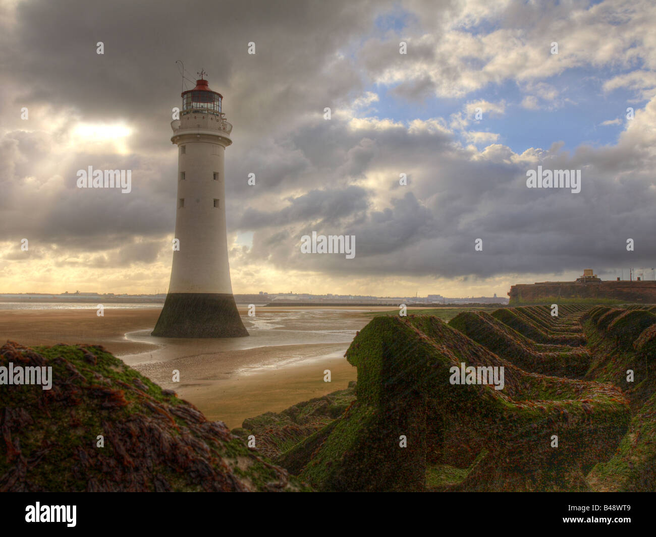 New Brighton Liverpool Lighthouse HDR image cloudy sky Stock Photo - Alamy