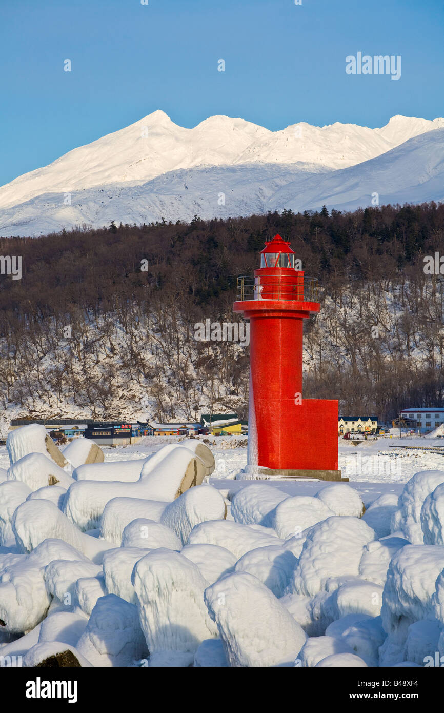Hokkaido Island Japan Red port lighthouse at the Utoro fishing village ...