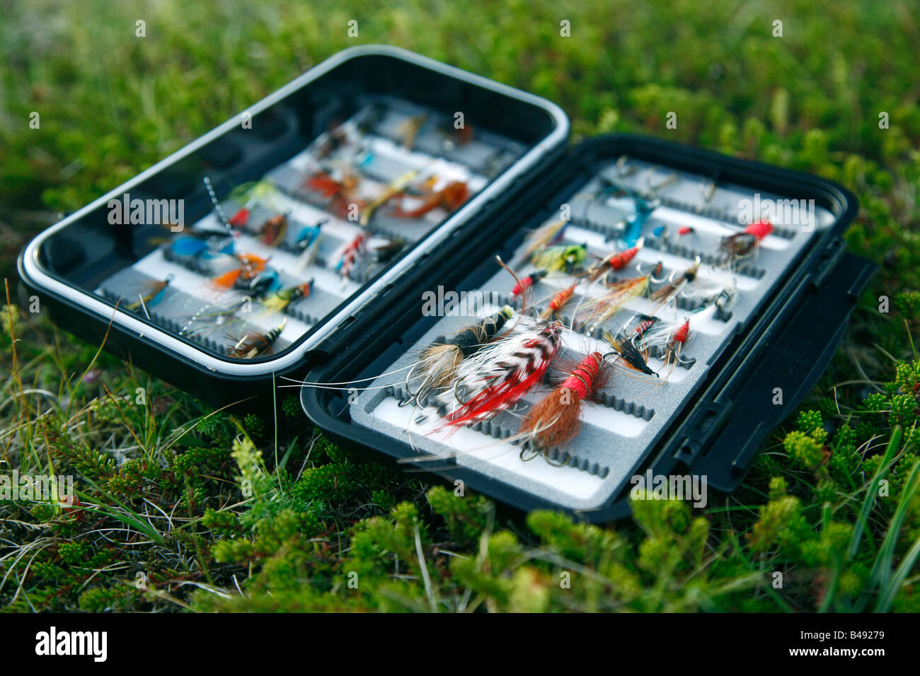Flyfishing box full of colorful flies short depth of field Stock Photo ...