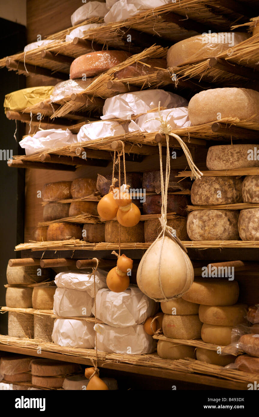 Selection of fine cheese for sale in chilled cheese room , London Stock ...