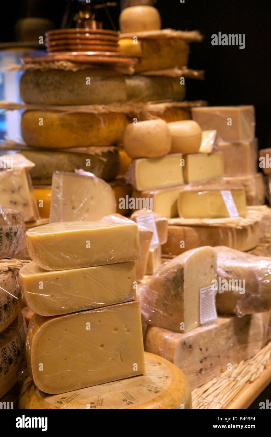 Selection of fine cheese for sale in chilled cheese room , London Stock ...