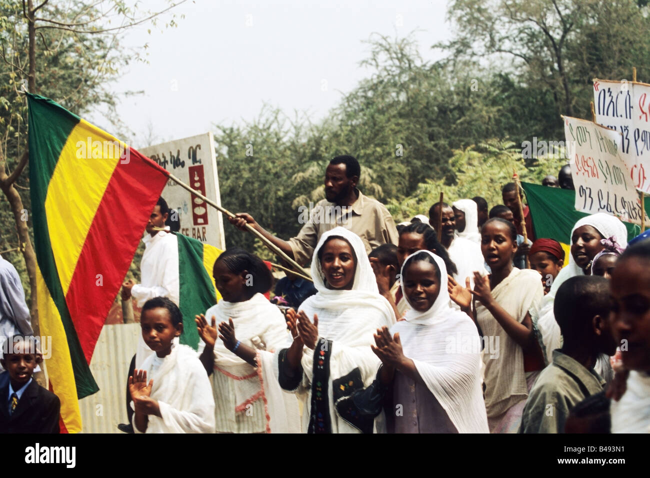 A happy Ethiopian crowed celebrates with the Ethiopian flag during the ...