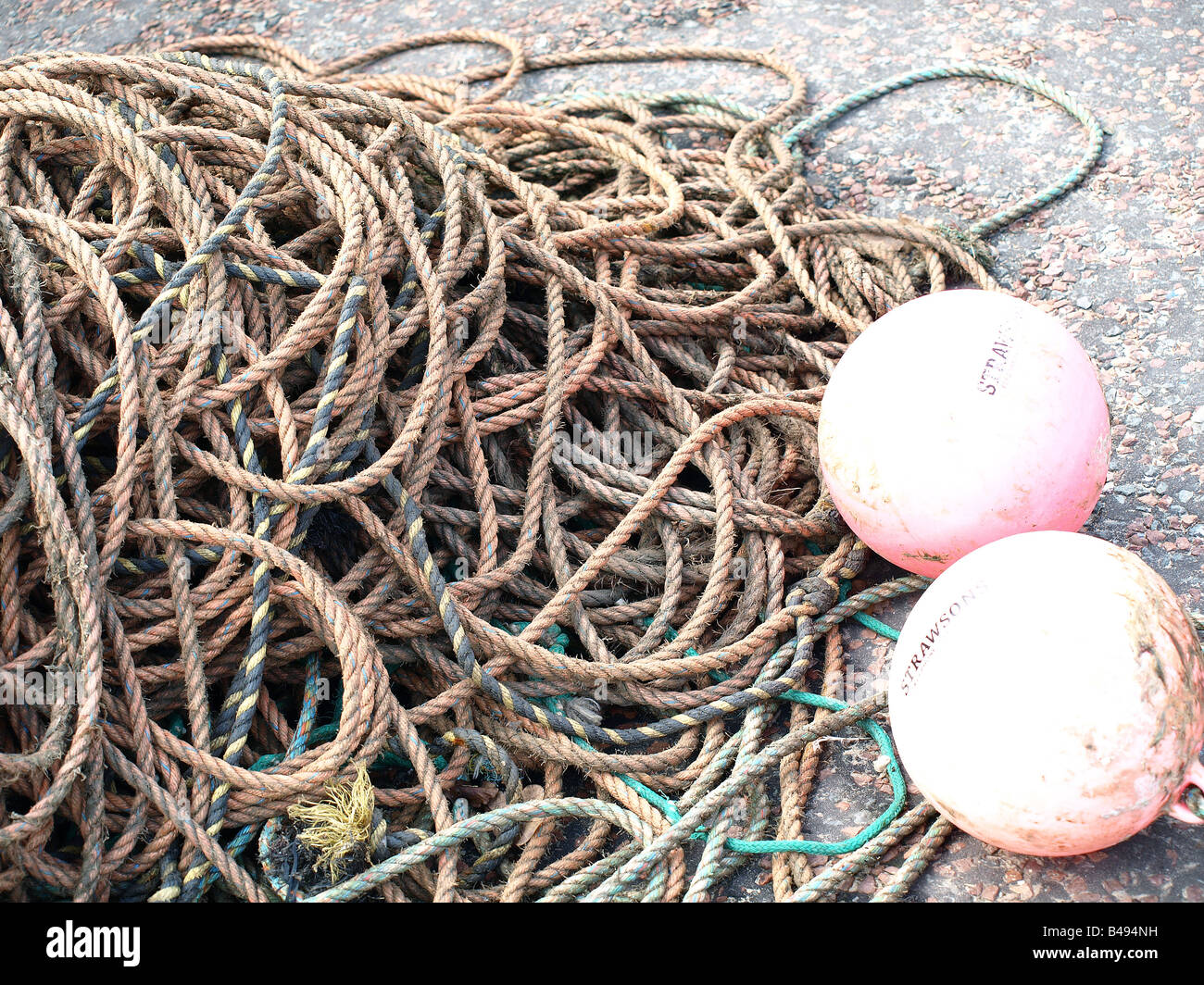 Fishermens ropes and buoys on the harbour side at Barmouth,Wales,uk ...