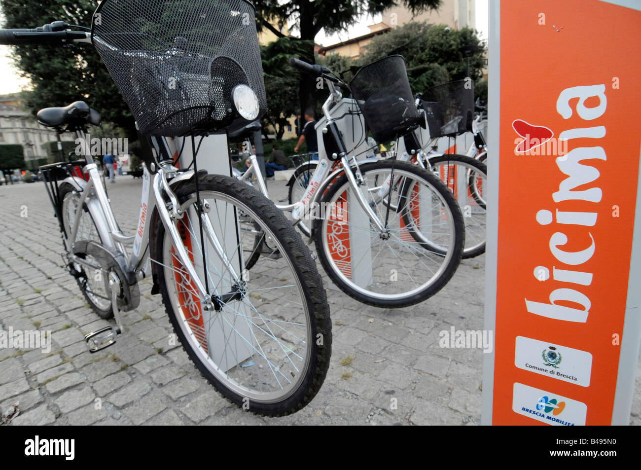 A bicycle for rent at a station for the "Bicimia" cycle rental scheme ...