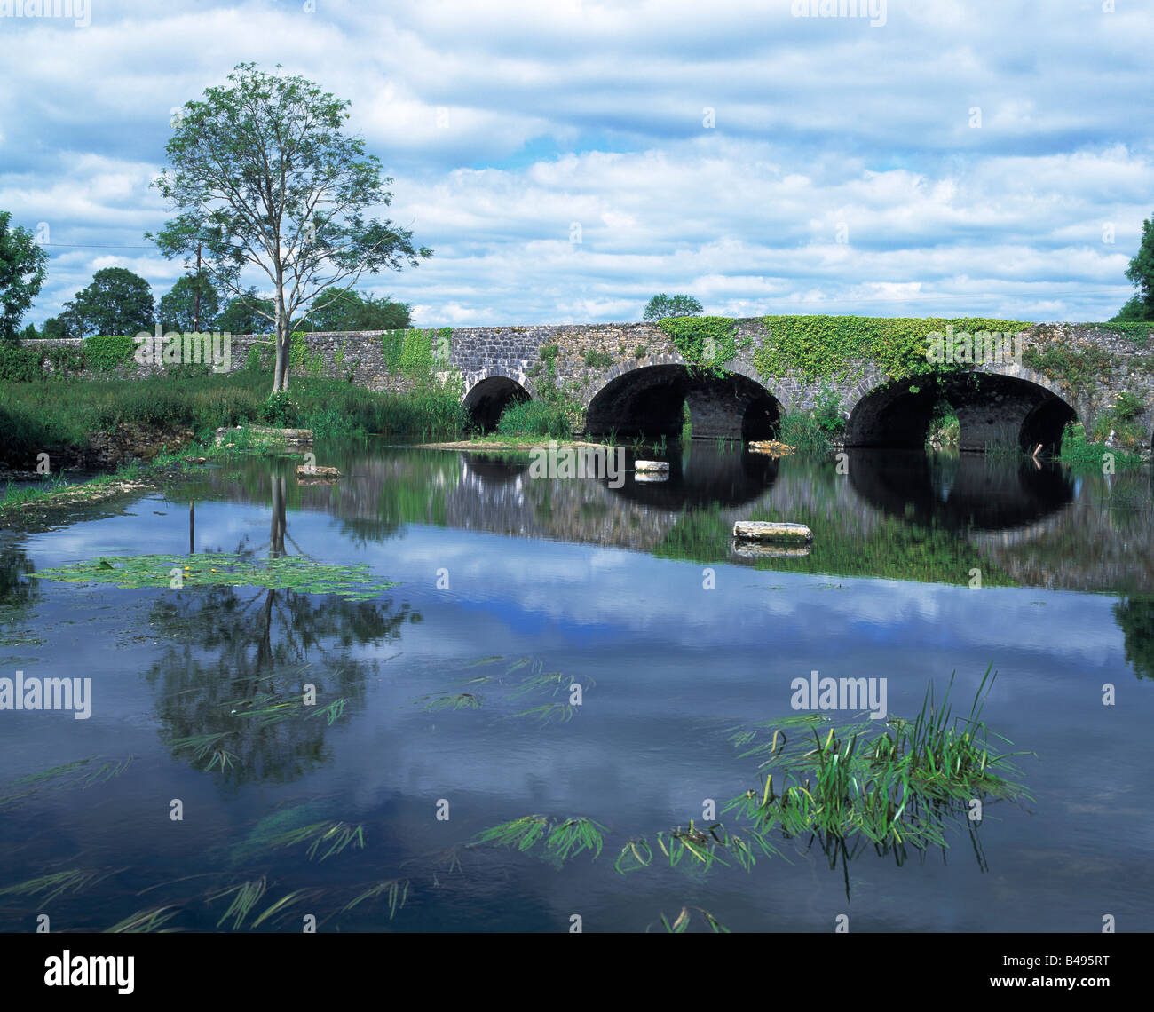 fresh water river, meandering towards river nore, road bridge reflected ...