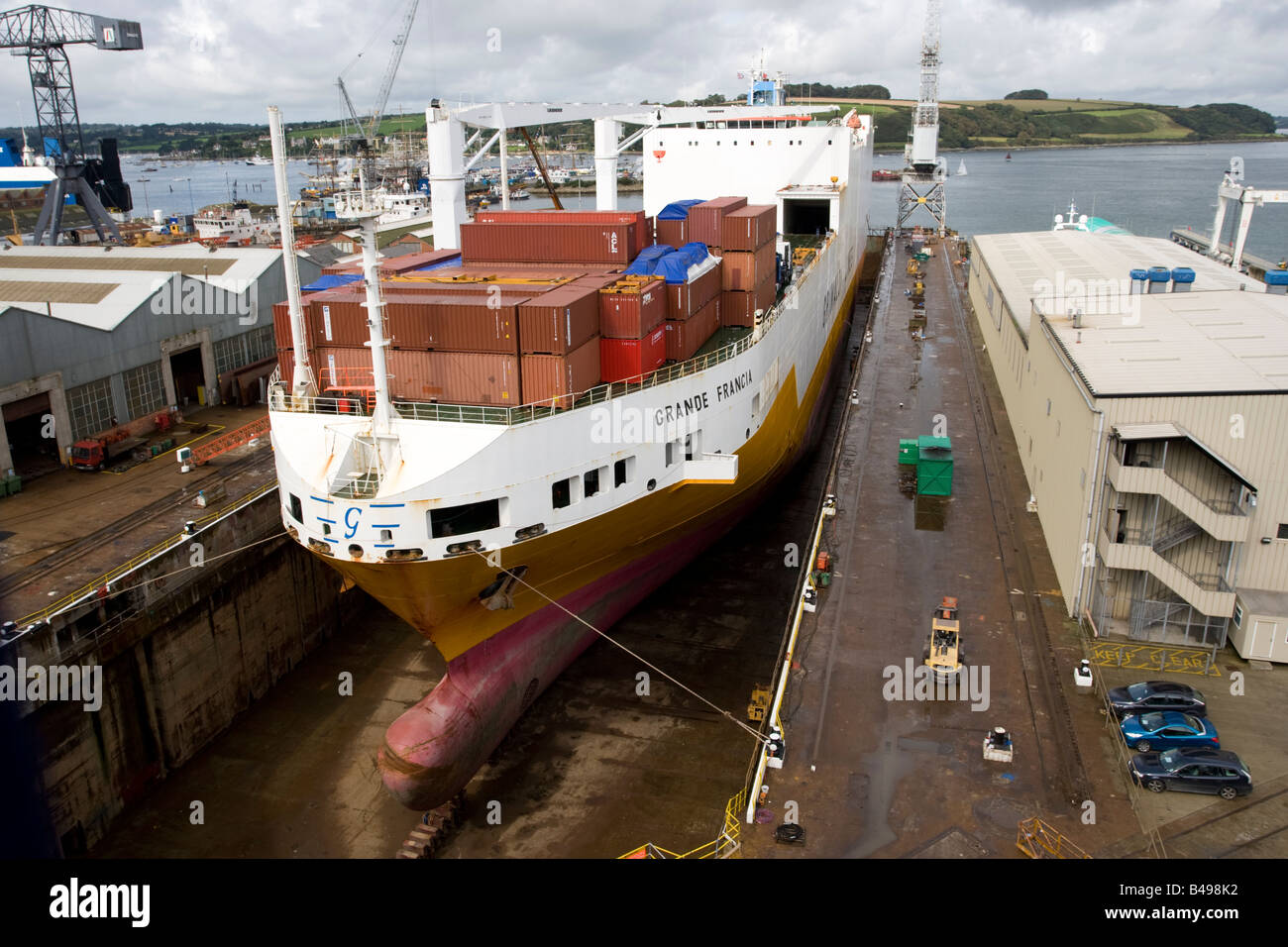 Grande Francia container cargo ship in dry dock Grimaldi Lines Falmouth ...