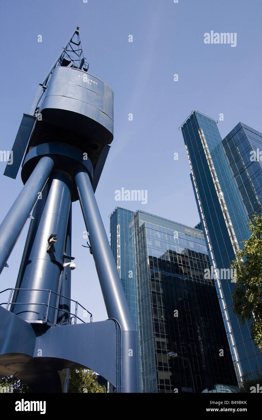 exchange tower dockside crane Canary wharf london dockland england uk ...