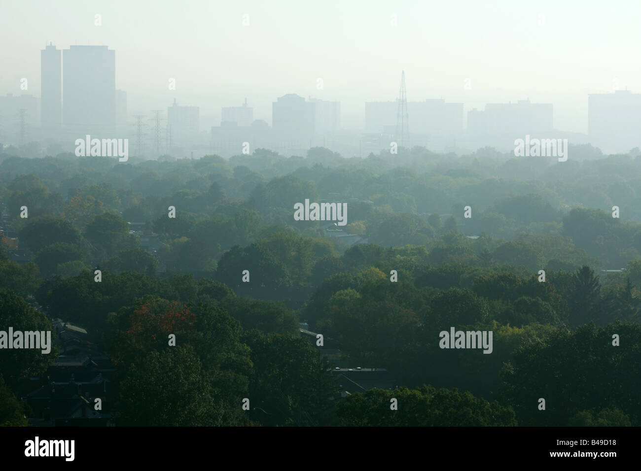 Morning Foggy smog covering residential and wooded areas in Toronto ...