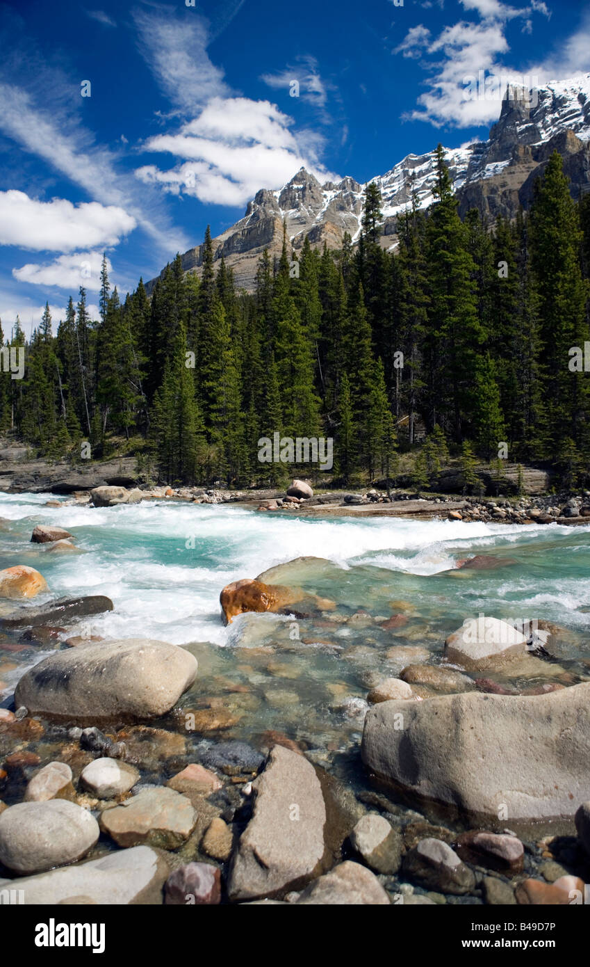 Mistaya river and Rocky mountains in Jasper National Park, Alberta ...