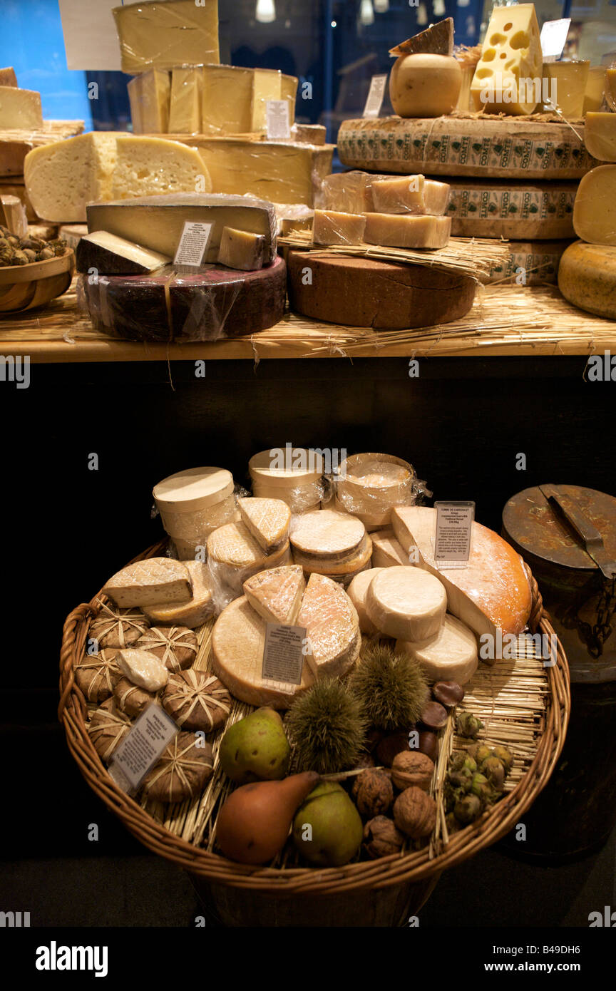 Selection of fine cheese for sale in chilled cheese room , London Stock ...