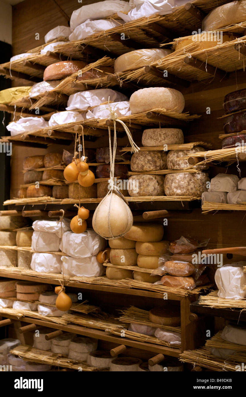 Selection of fine cheese for sale in chilled cheese room , London Stock ...