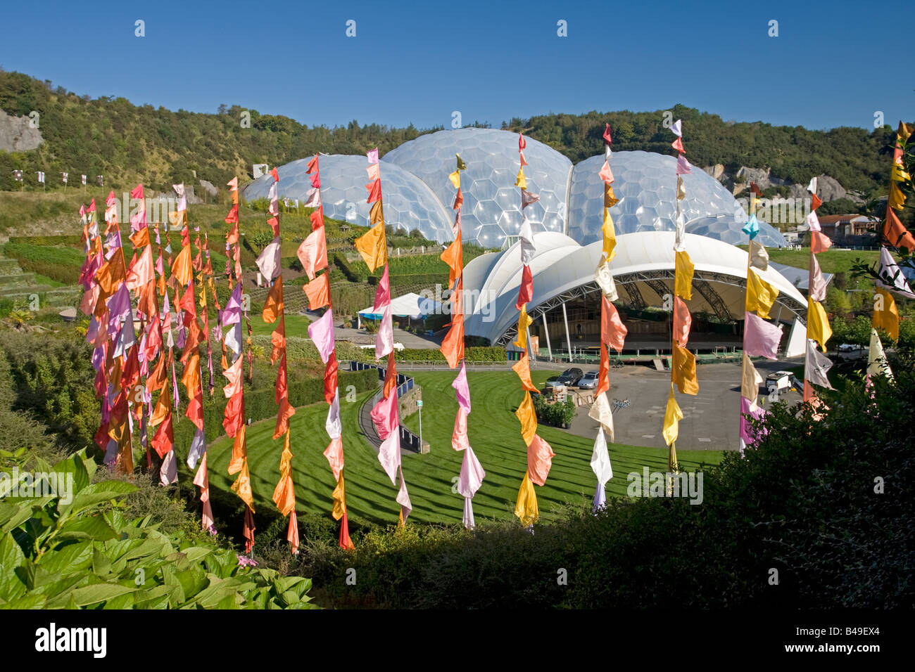 Flags outside Alpine hut Eden Project Bodelva St Austell Cornwall UK ...