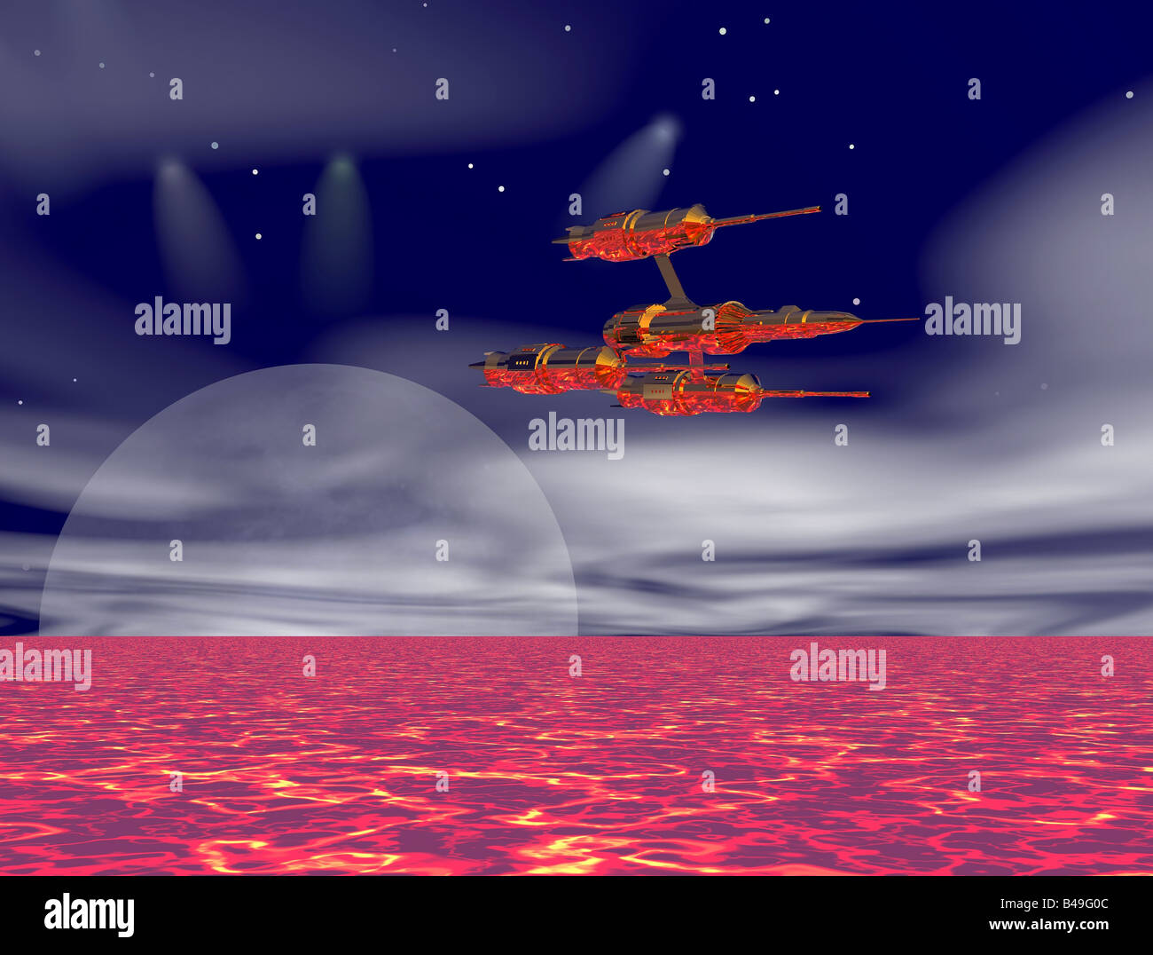 Advanced spaceship flying over an alien planet Stock Photo - Alamy