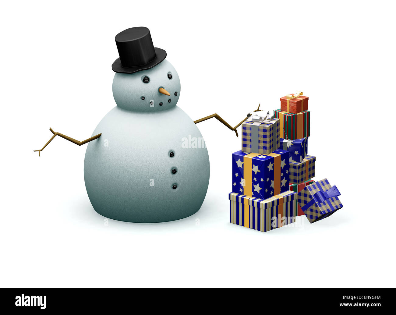 3D render of a snowman next to a stack of Christmas presents Stock ...