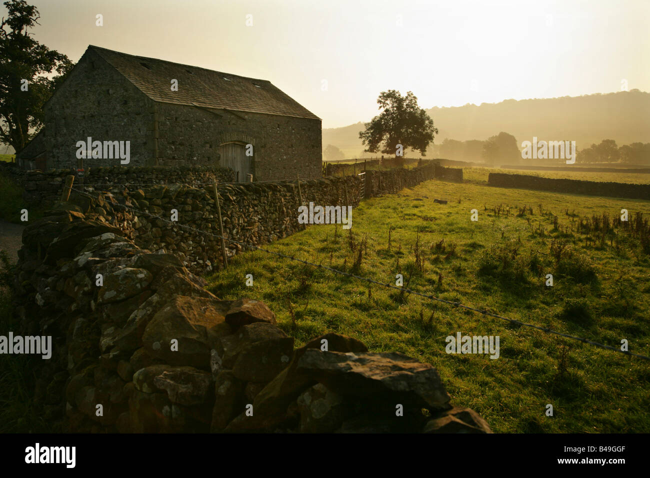 Sunrise on a misty autumn morning at Austwick, Yorkshire Dales National ...