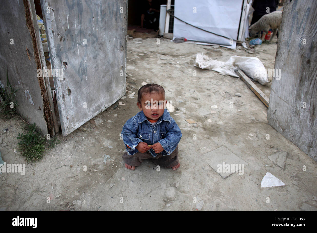 Roma gypsy boy sqatting outside home in Share, a slum next to a rubbish ...