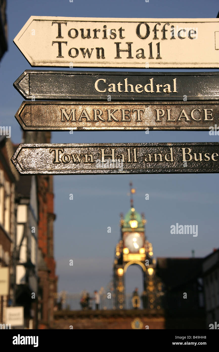 City of Chester, England. Tourist direction signs with Chester’s ...