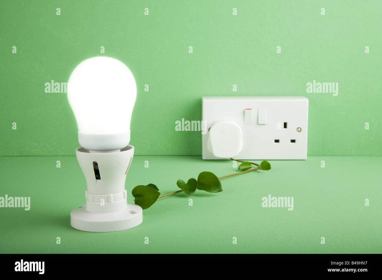 An energy saving lightbulb with a trailing plant used as a power cable ...