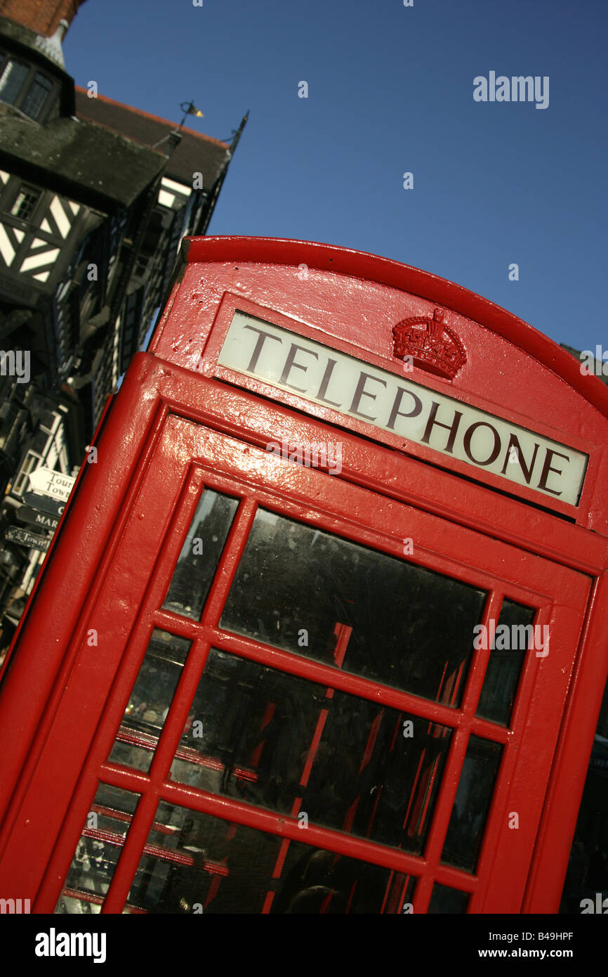 City of Chester, England. Red telephone boxes with Chester’s black and ...