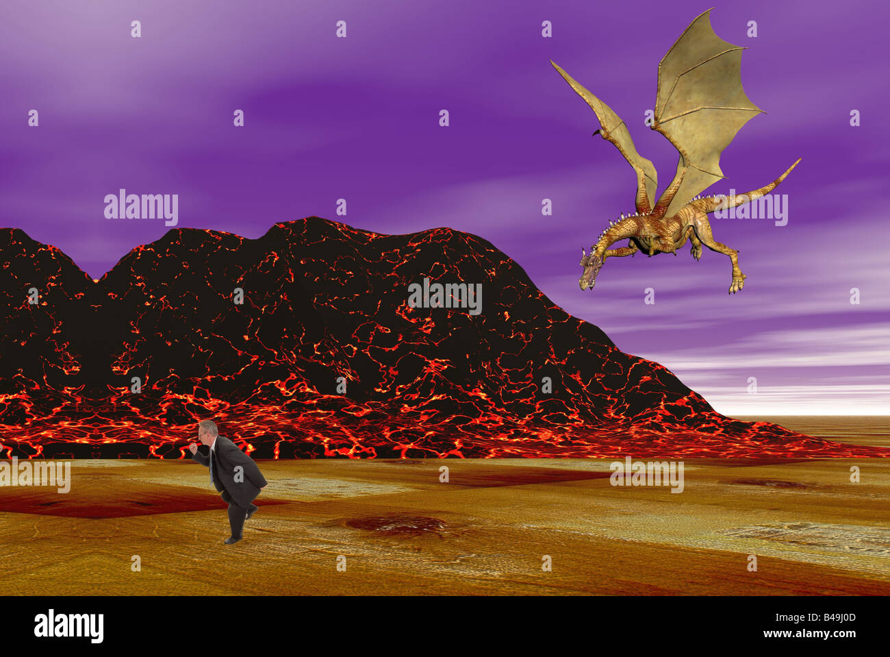 Dragon chasing a businessman across a pre historic terrain Stock Photo ...