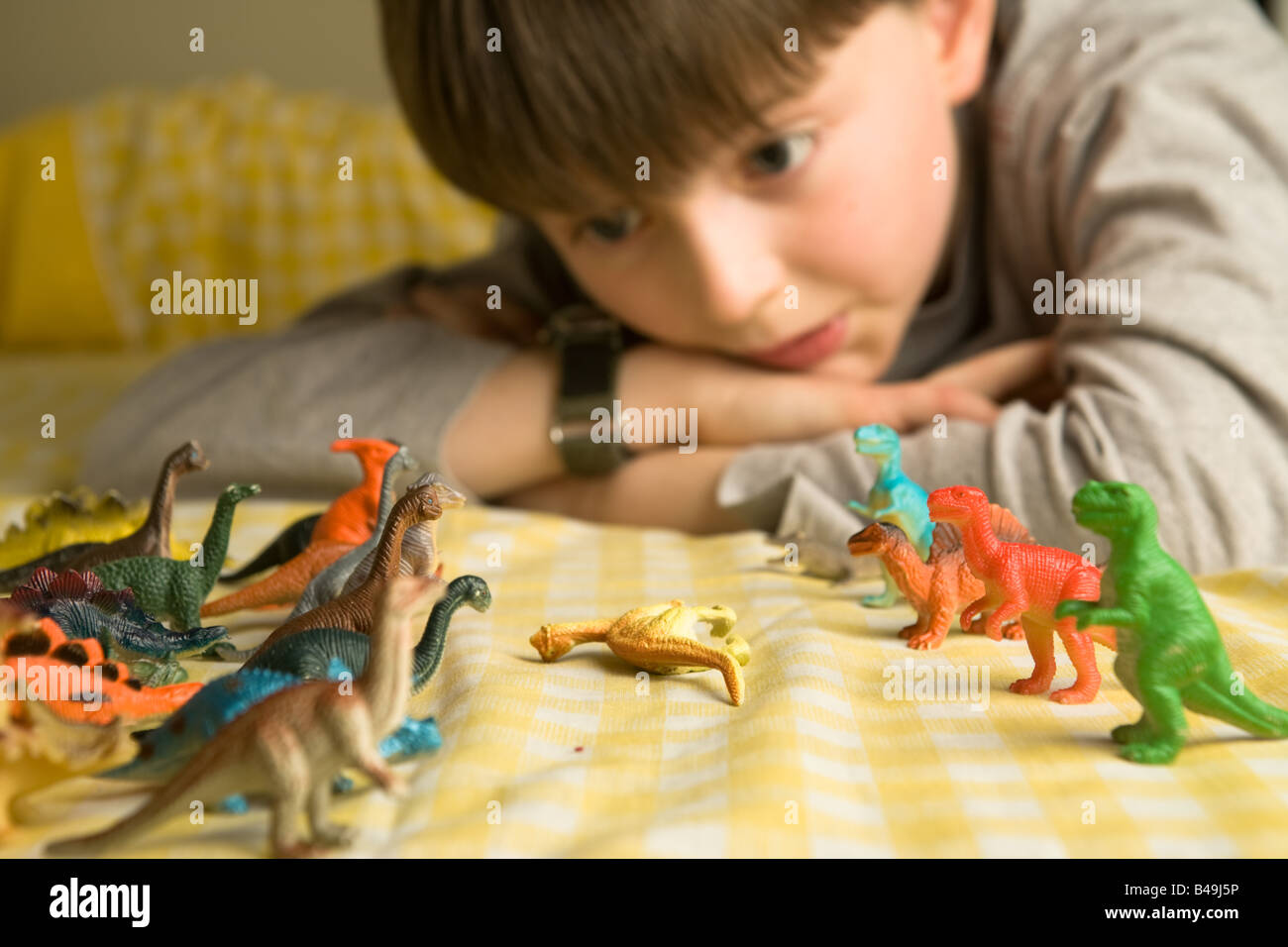 A pre-teen boy gazes over a horde of colorful plastic dinosaurs ...