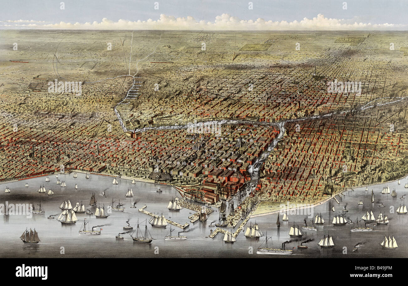 Bird's-eye view of Chicago, Illinois from above Lake Michigan circa ...