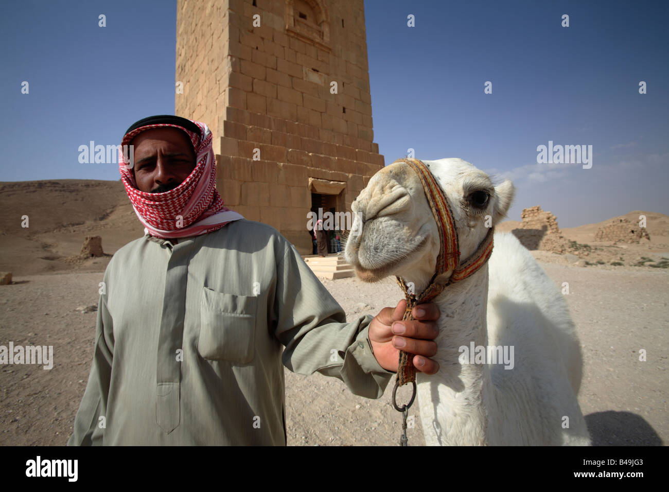 Man with camel in front of the roman funerary towers in Valley of the ...