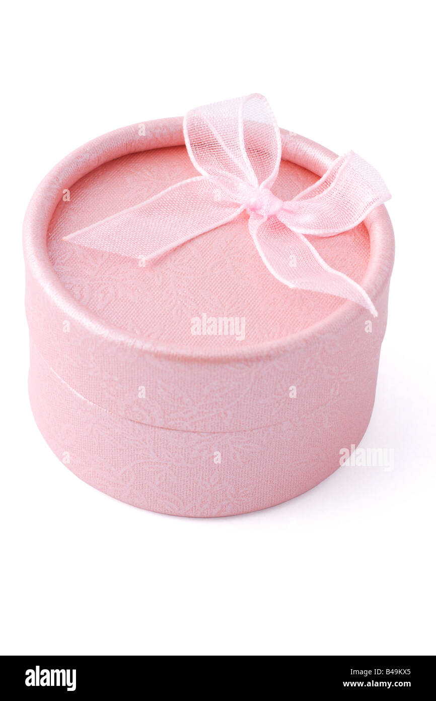 Pink jewelry box with bow ribbon on white background Stock Photo - Alamy