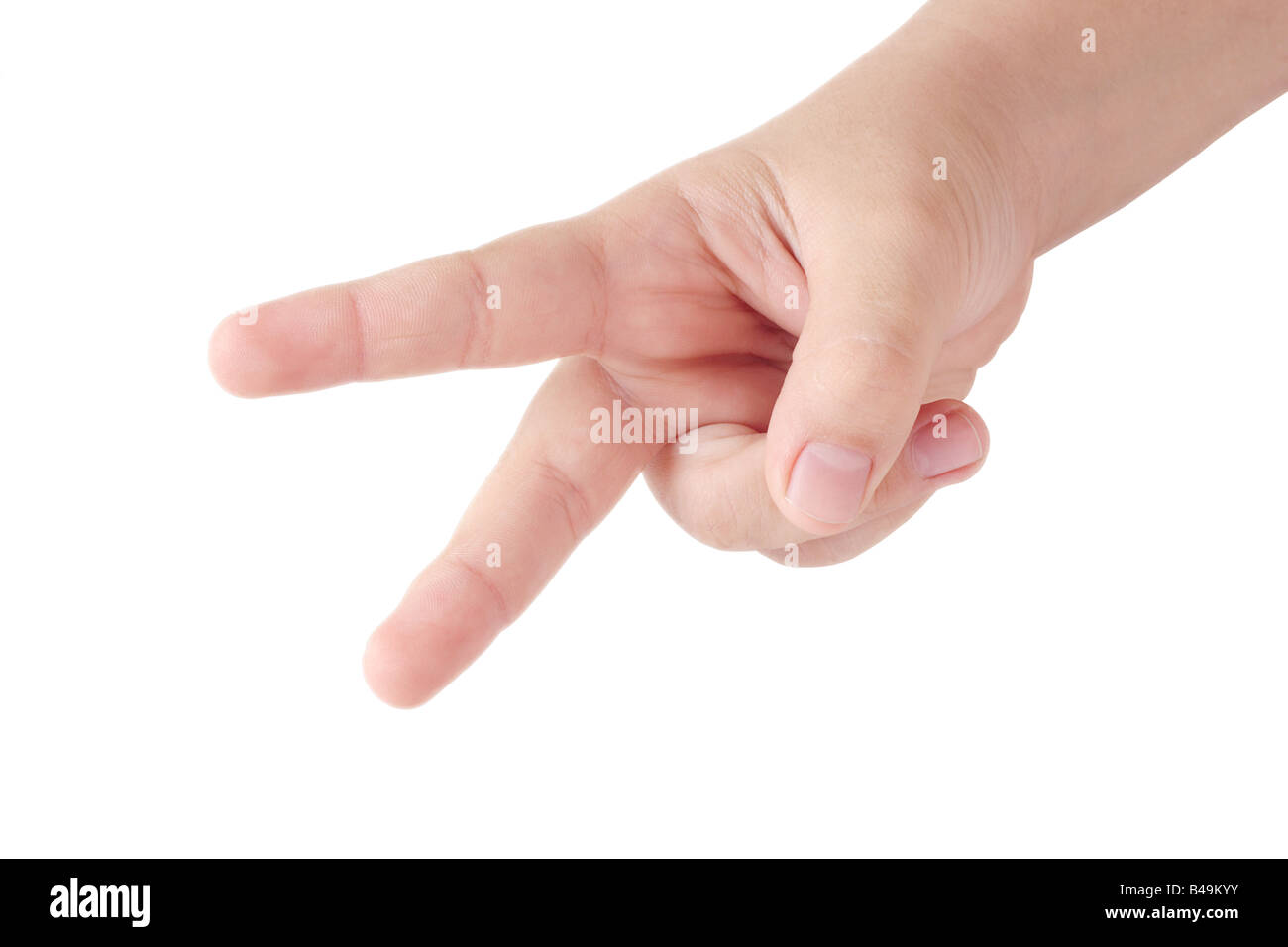 Child s hand showing two fingers on white background Stock Photo - Alamy