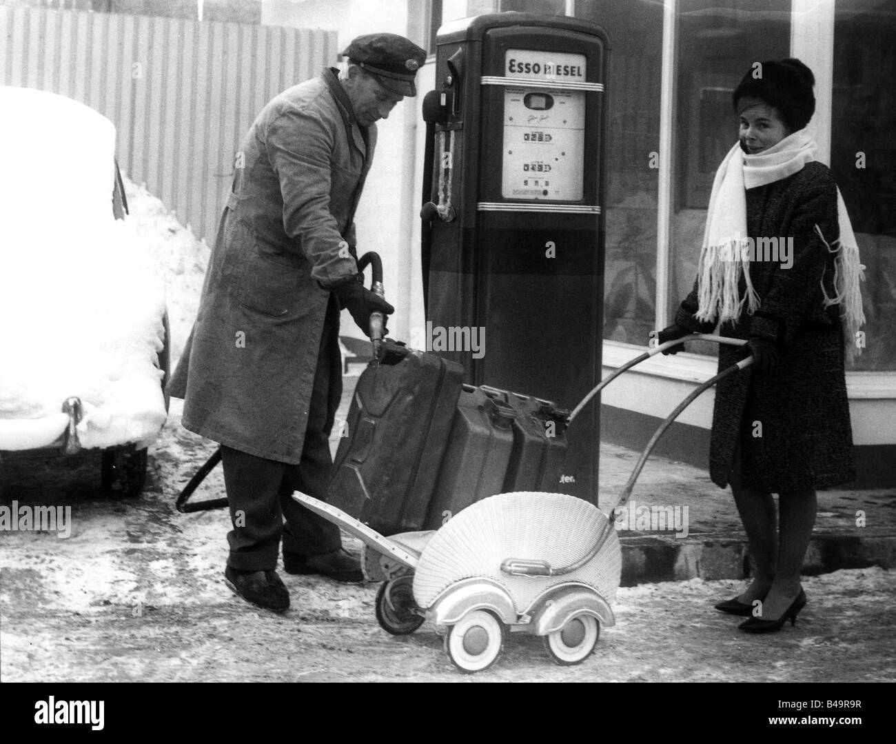 transport / transportation, cars, filling stations, woman with pram and ...