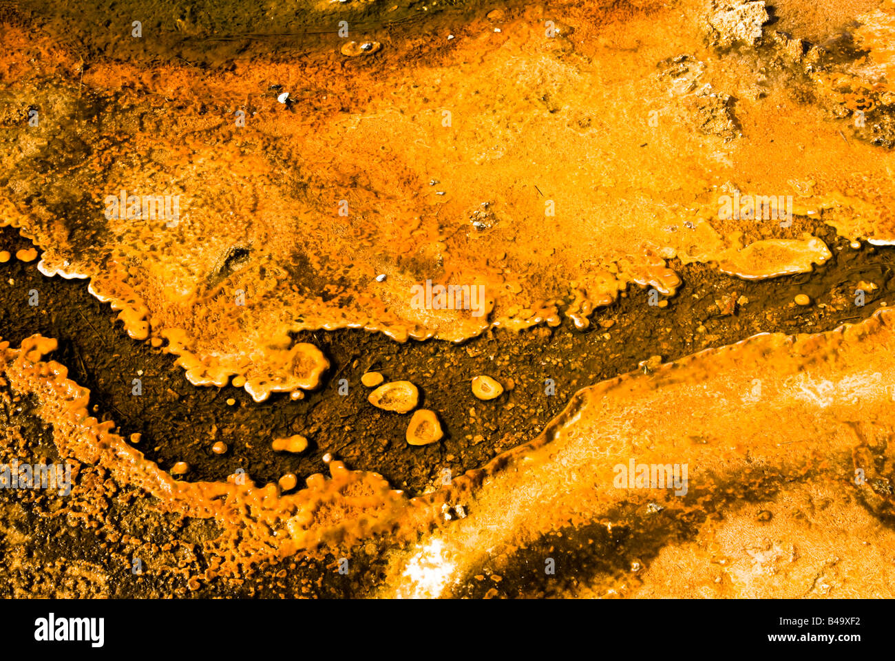 colorful abstract patterns in a thermal pool in the geyser basins of ...