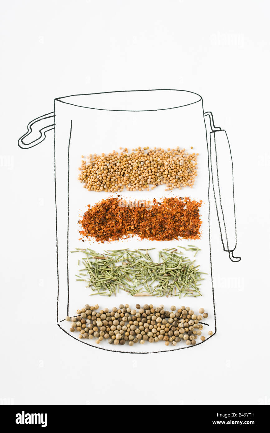 Assorted spices on drawing of canister Stock Photo - Alamy
