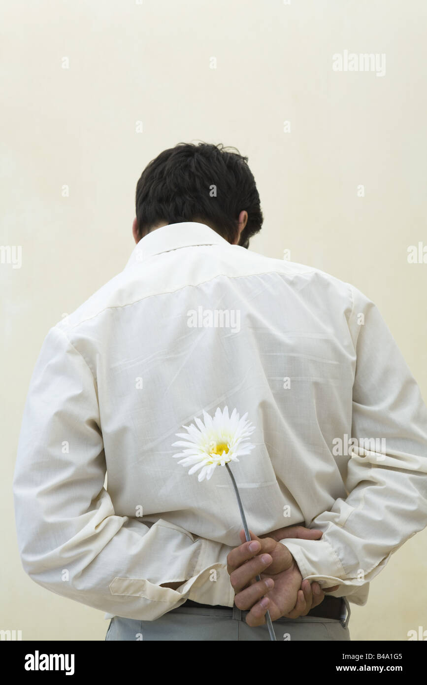 Man holding flower behind his back, rear view Stock Photo - Alamy