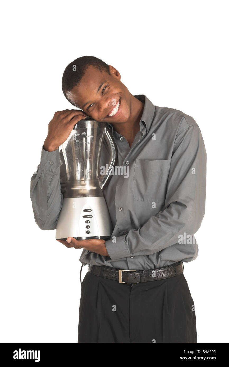 Businessman hugging a food blender Smiling Stock Photo - Alamy
