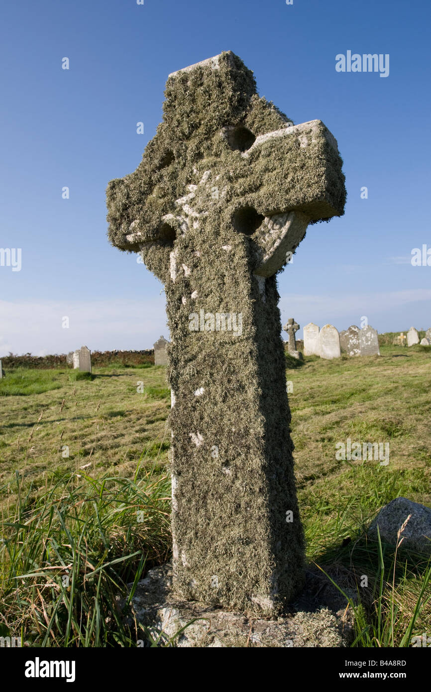 Old celtic cross covered in lichens churchyard Tintagel North Cornwall ...