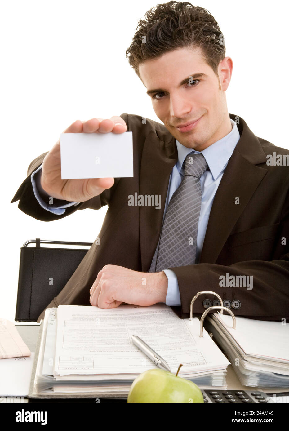 smiling manager showing his business card Stock Photo - Alamy