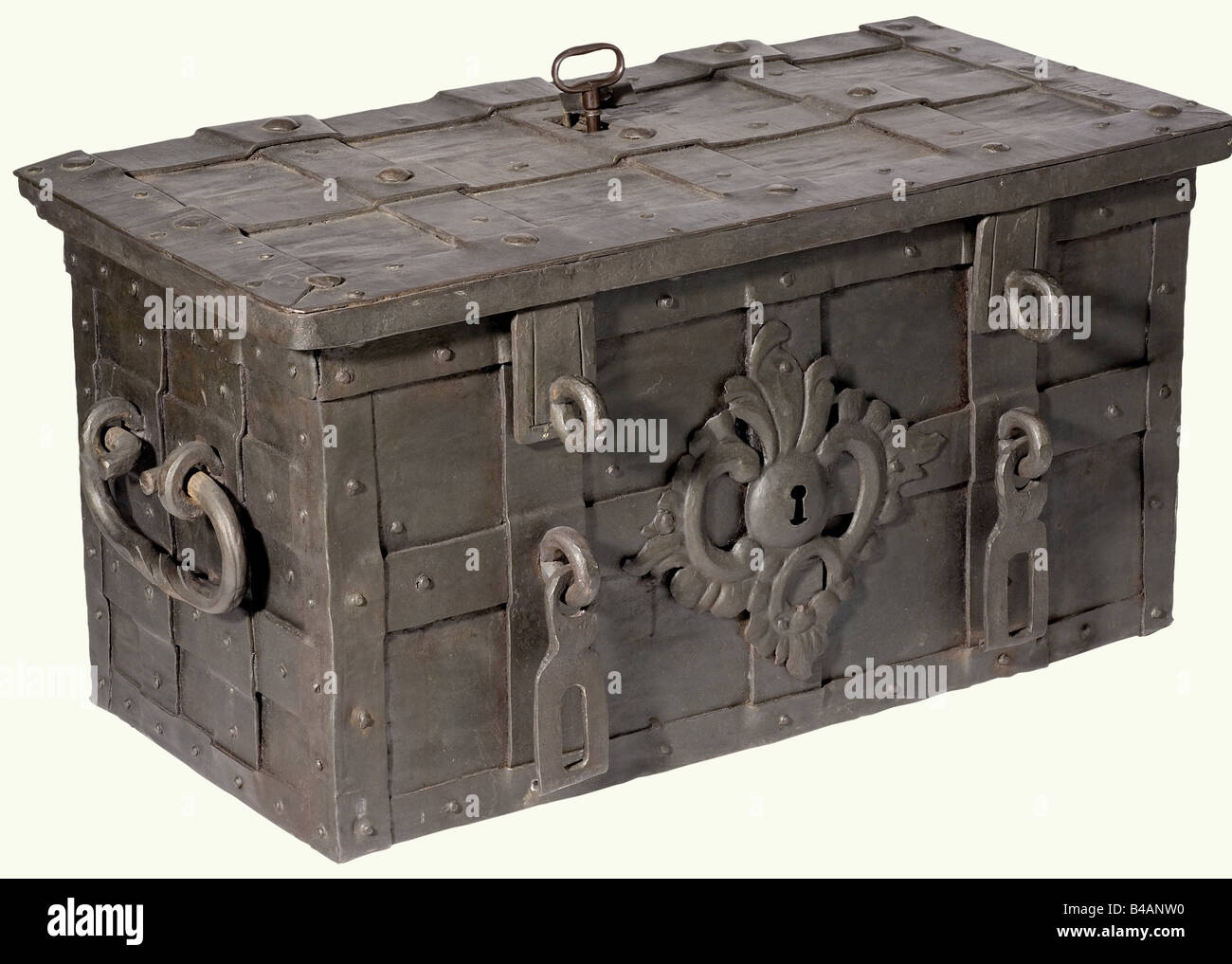 A German war chest, 2nd half of the 17th century. Heavy riveted iron ...