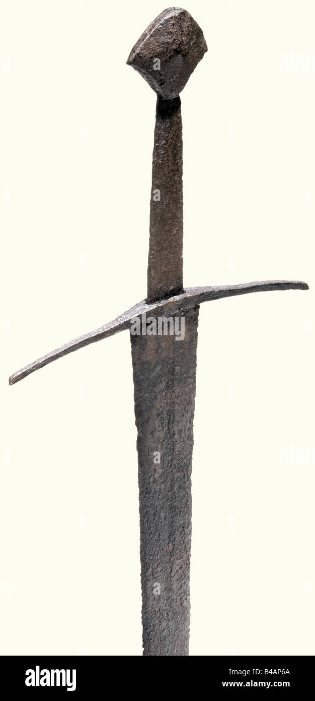A knightly sword, German, circa 1300 Broad, double-edged blade with a ...