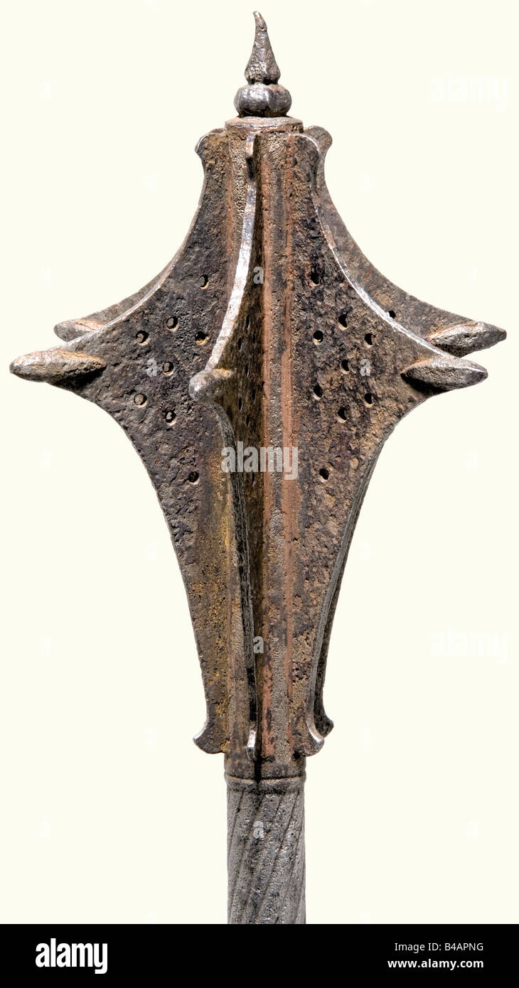 A Gothic mace, German, circa 1520 The copper-soldered head has six ...