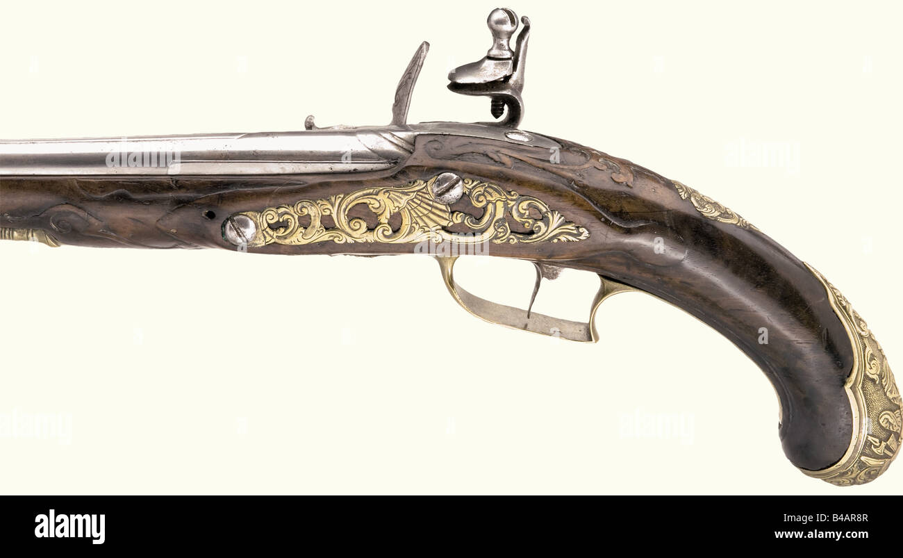 A flintlock pistol, Karlsbad or Suhl, circa 1750. Round barrel with ...