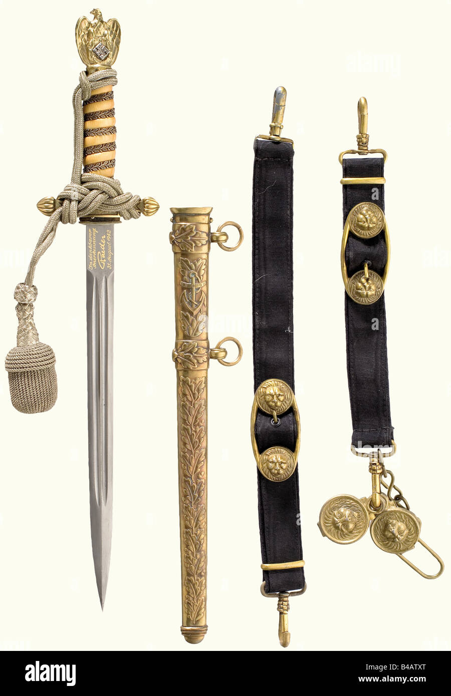 A naval honour dagger, complete with sword knot and hanger. Blade bears ...
