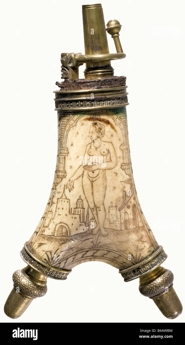 A German powder flask, circa 1580. The body is of polished staghorn ...