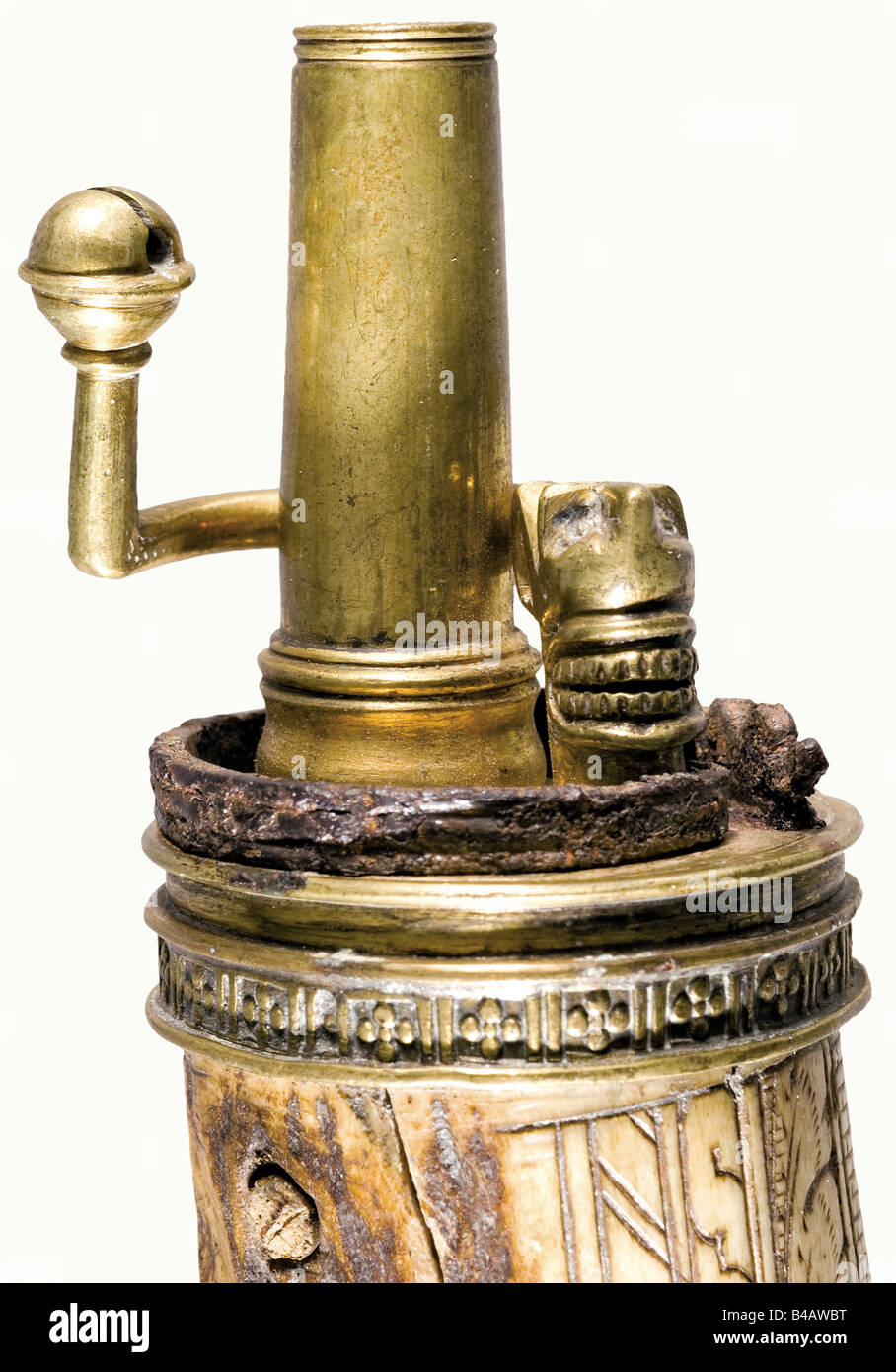 A German powder flask, circa 1580. The body is of polished staghorn ...