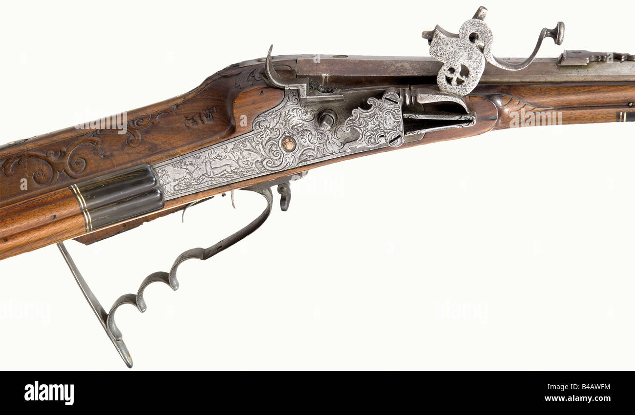 A wheellock rifle, Southern German, dated 1776. Octagonal barrel with ...