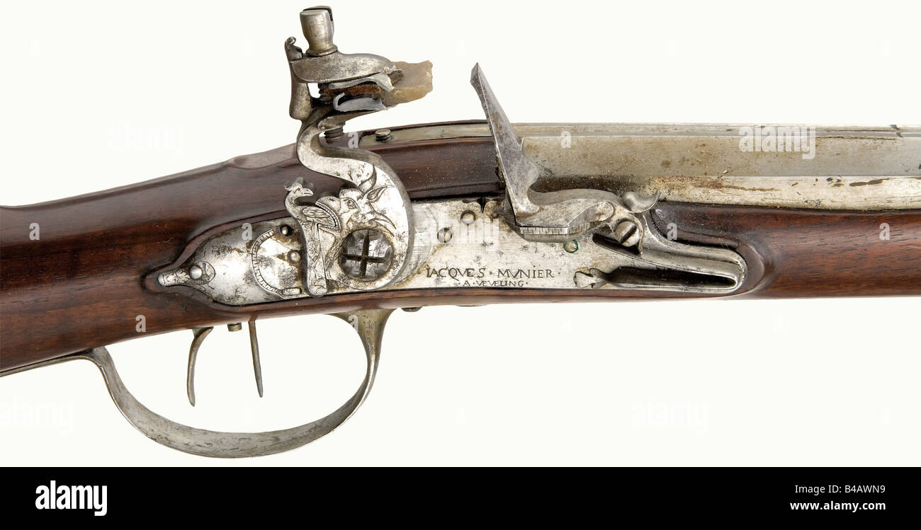 A flintlock musket, Flemish(?), circa 1670. Octagonal barrel with a ...