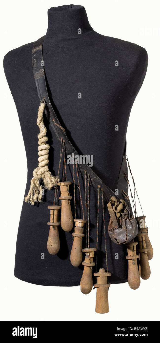 A German musketeer's bandolier, 1st half of the 17th century. Blackened ...