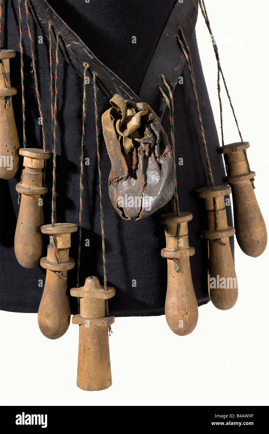 A German musketeer's bandolier, 1st half of the 17th century. Blackened ...