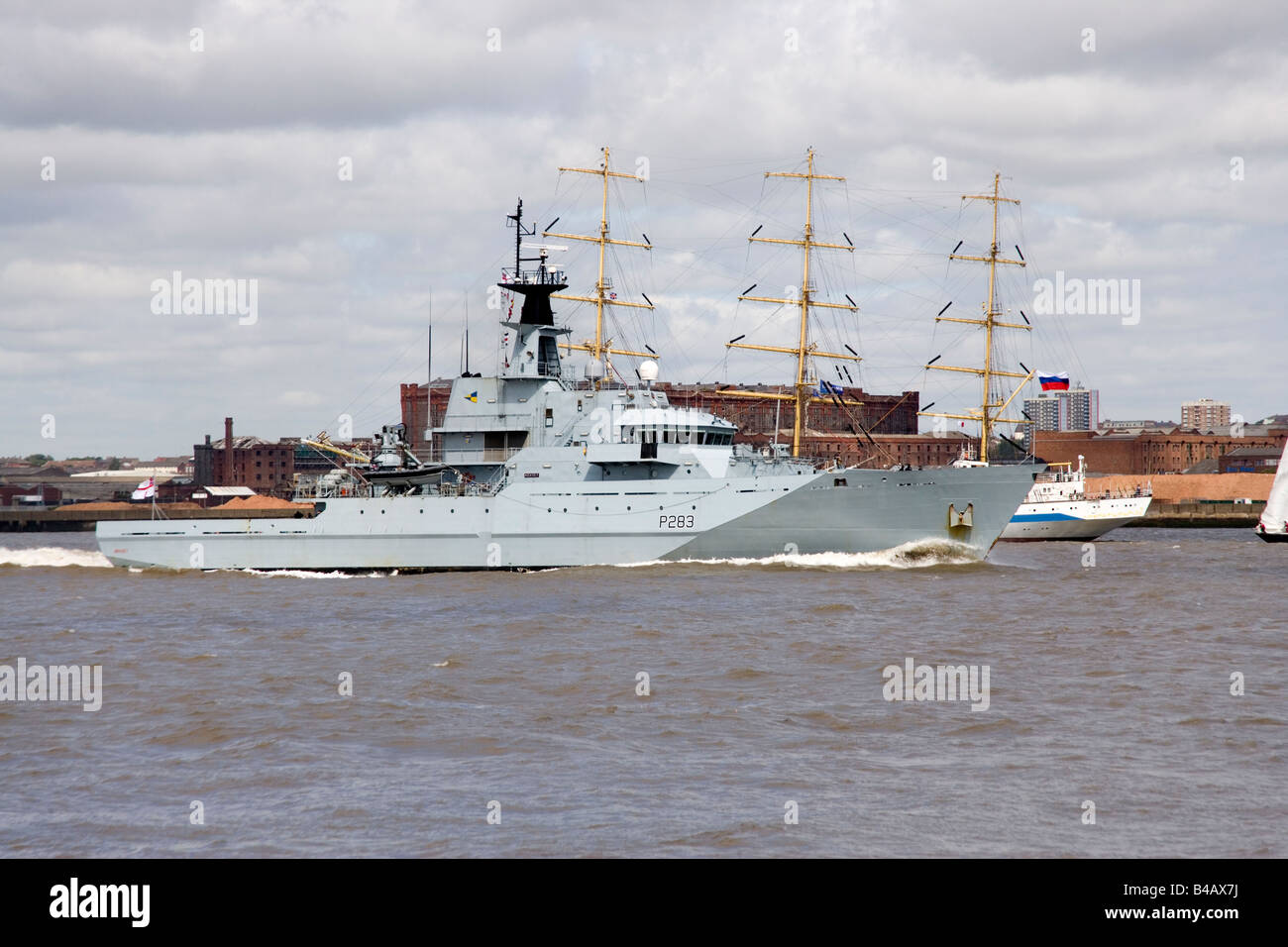 HMS Mersey Royal Navy Offshore Patrol Protection Vessel sailing up the ...