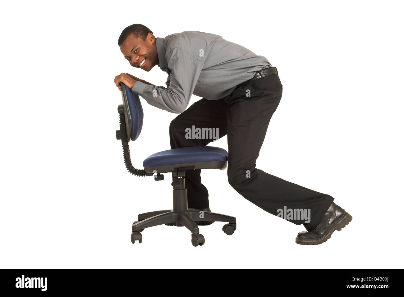 Businessman riding on an office chair Movement face out of focus chair ...